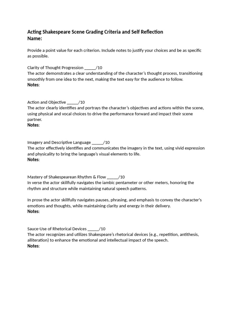 Acting Shakespeare Scene Grading Criteria and Self Reflection | PDF