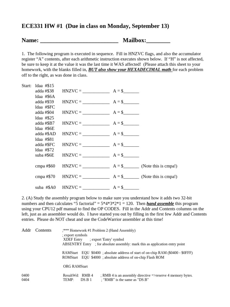 ECE331 HW 1 HC12 Assembly Language | PDF | Computer Architecture | Computing