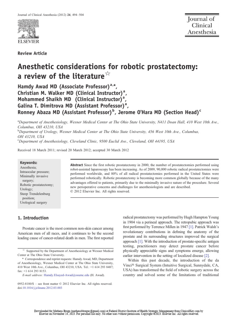 Anesthetic Considerations For Robotic Prostatectomy # A Review of The ...