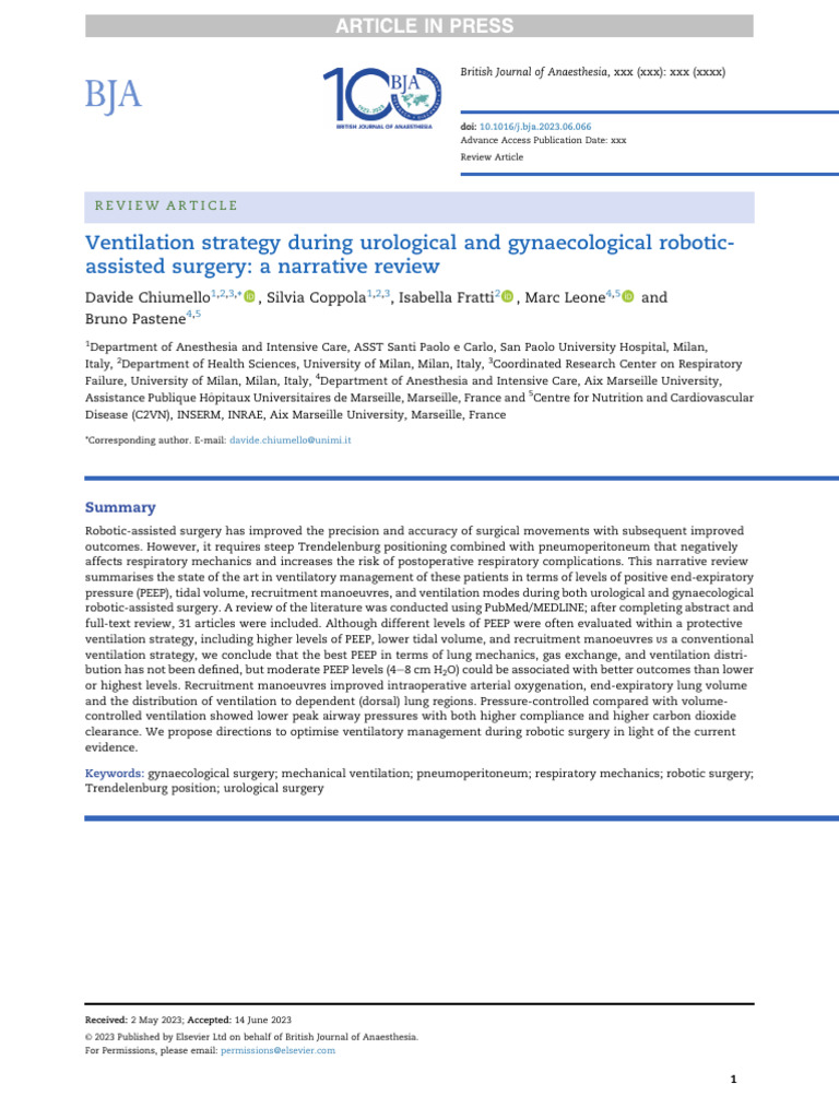 Ventilation Strategy During Urological and Gynaecological Robotic ...