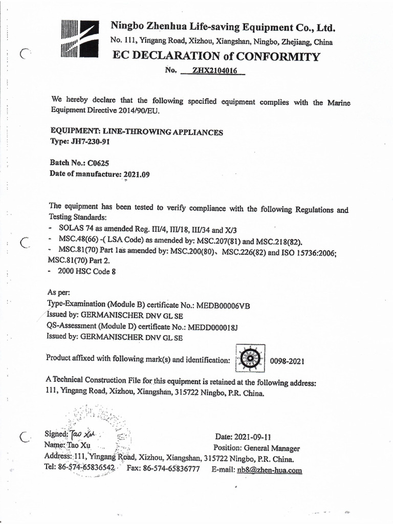 Declaration of Compliance for JH7-230-91 | PDF