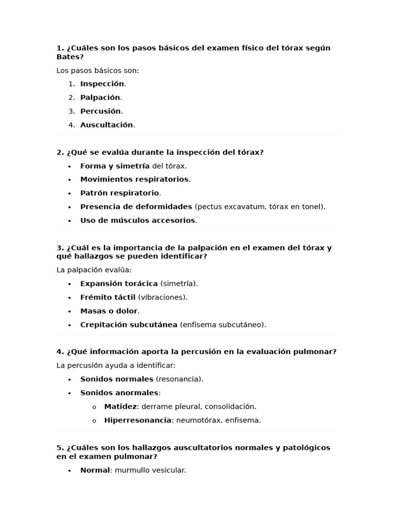 Cuestionario de Examen Físico Del Tórax y Pulmones Basado en Bates ...