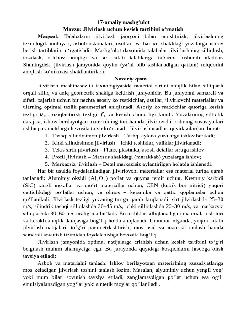 17-Amaliy Mashg Ulot Mavzu: Jilvirlash Uchun Kesish Tartibini o Rnatish Maqsad | PDF