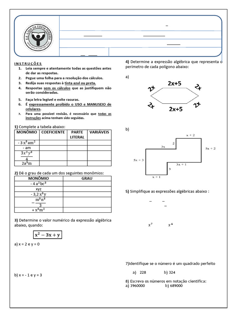Atividade Avaliativa - 8º Anos - 2º BIM. | PDF | Álgebra abstrata | Matemática