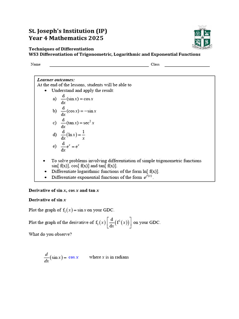03 WS3 Differentiation of Trigonometric, Logarithmic and Exponential ...