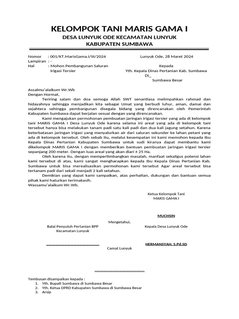 Permohonan Irigasi Tersier Kelompok Tani | PDF