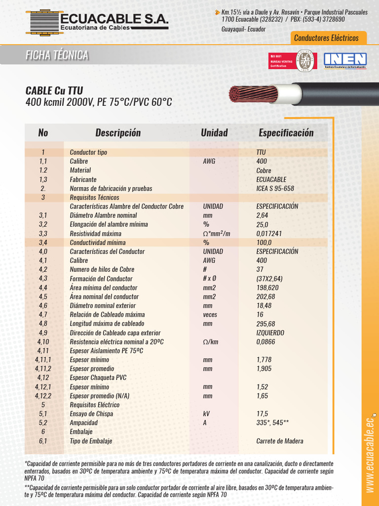 Especificaciones del Cable 400 MCM TTU | PDF | Sector secundario de la ...