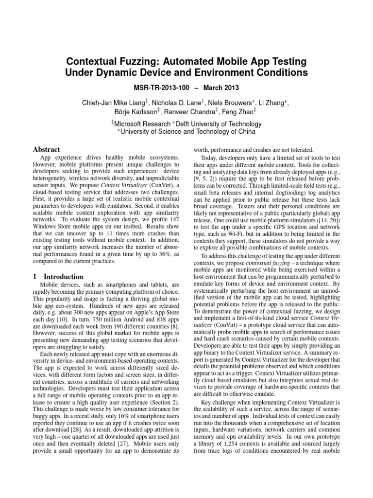 Contextual Fuzzing Automated Mobile App Testing Under Dynamic Device And Environment Conditions
