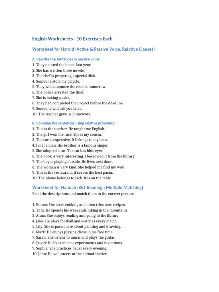 English Worksheet 10 Exercises Each | PDF