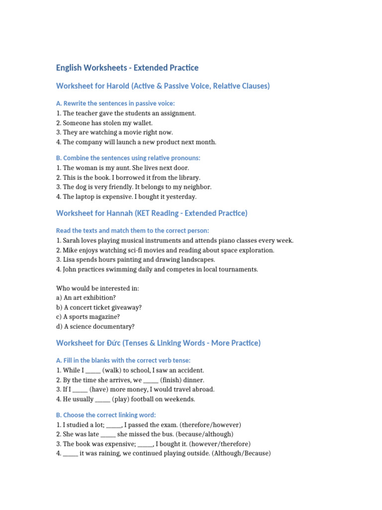 English Worksheet Extended | PDF