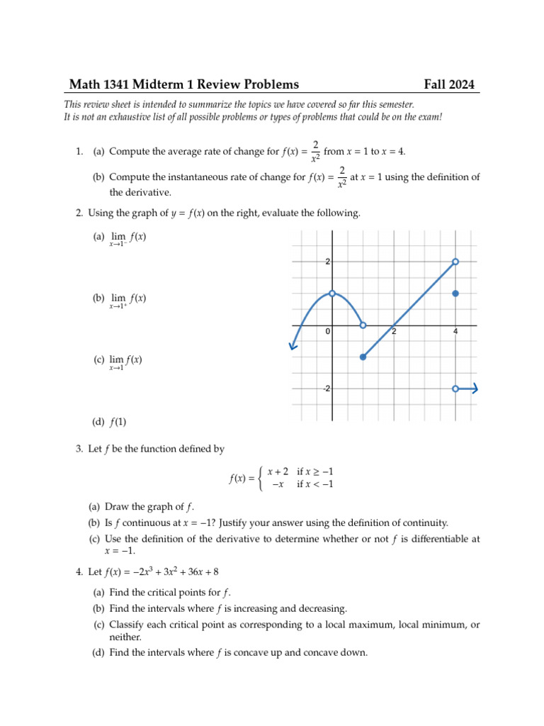 1341 Midterm 1 Review Problems | PDF | Derivative | Tangent