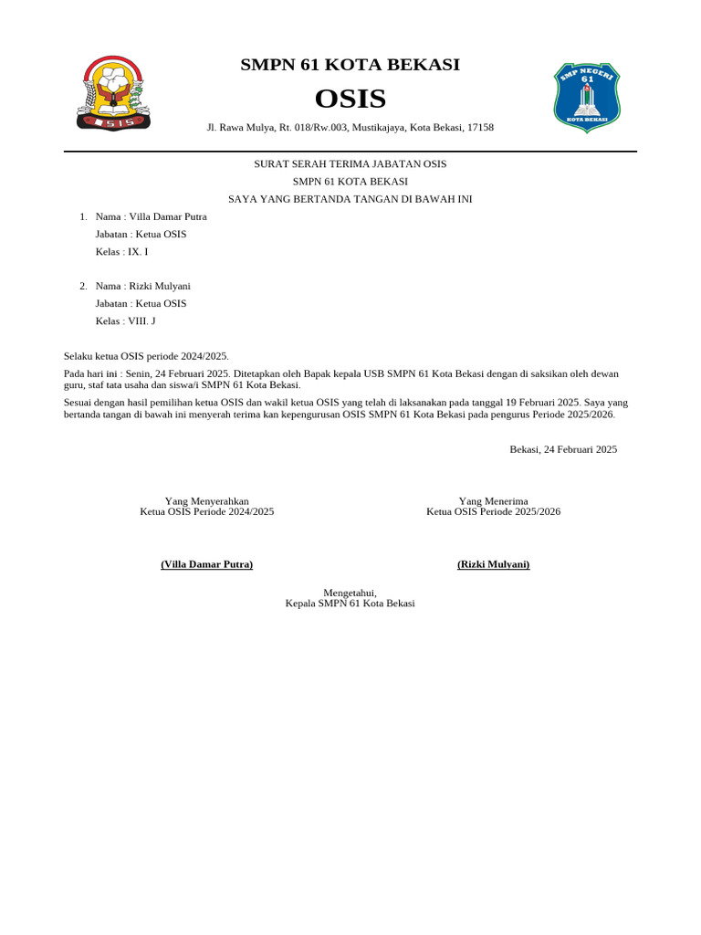 Surat Serah Terima Jabatan | PDF