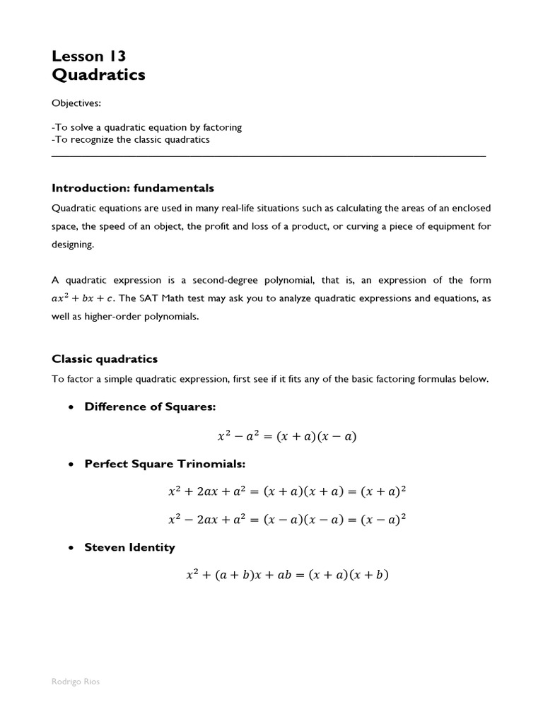 Lesson 13 - Quadratics (ADM 4) | PDF