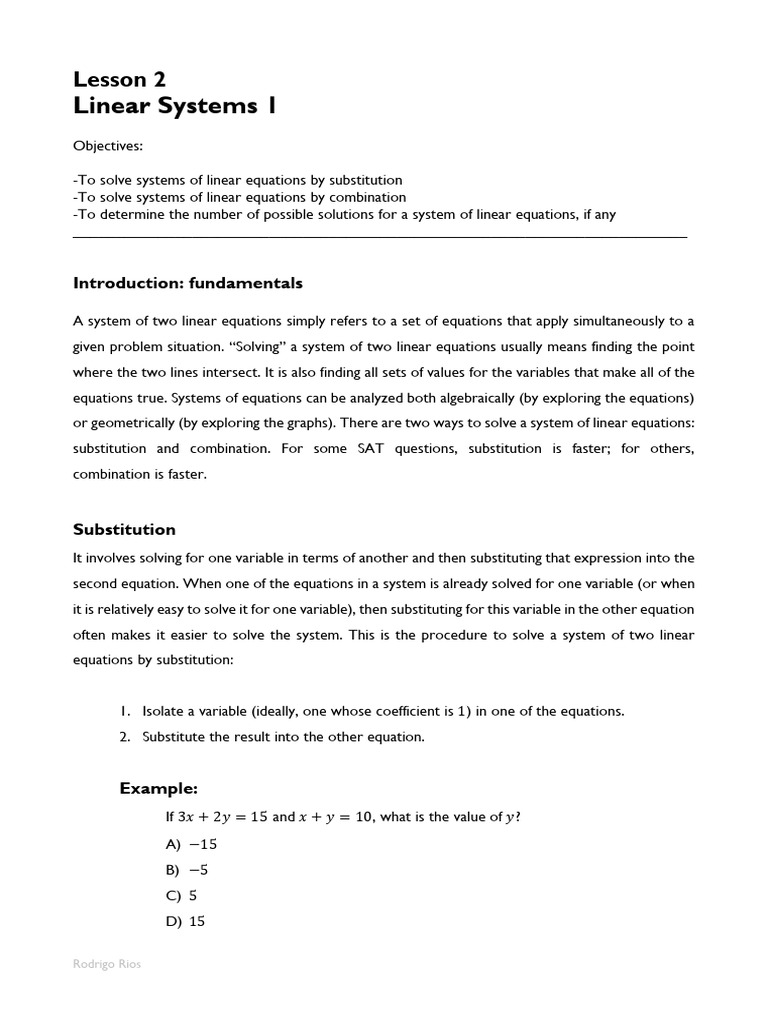 Lesson 2 - Linear Systems 1 (ALG 2) | PDF | Equations | System Of ...