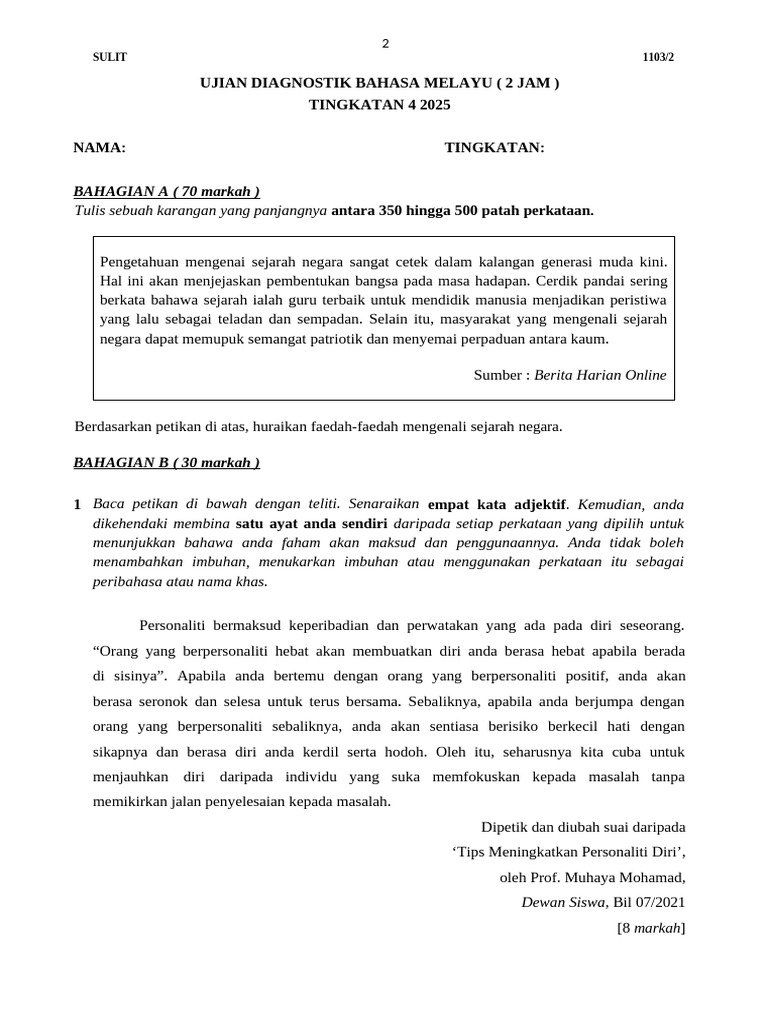 Ujian Diagnostik BM T4 2025 | PDF