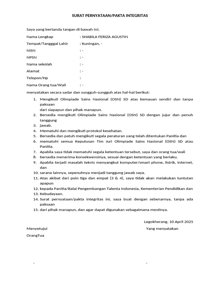 form PAKTA INTEGRITAS OSN SD | PDF