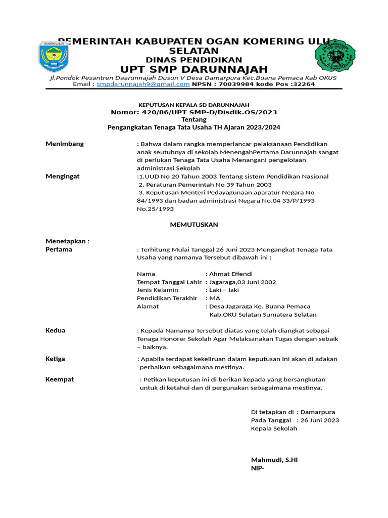 Pengangkatan Tenaga Tata Usaha 2023/2024 | PDF