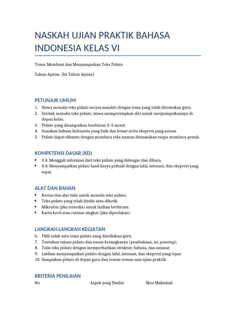 Ujian Praktek Bahasa Indonesia Kelas 6 Pidato | PDF