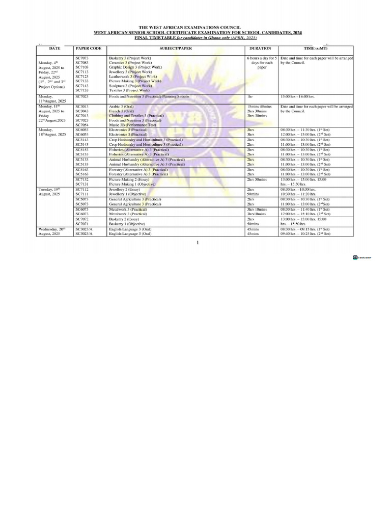 Wassce Timetable | PDF