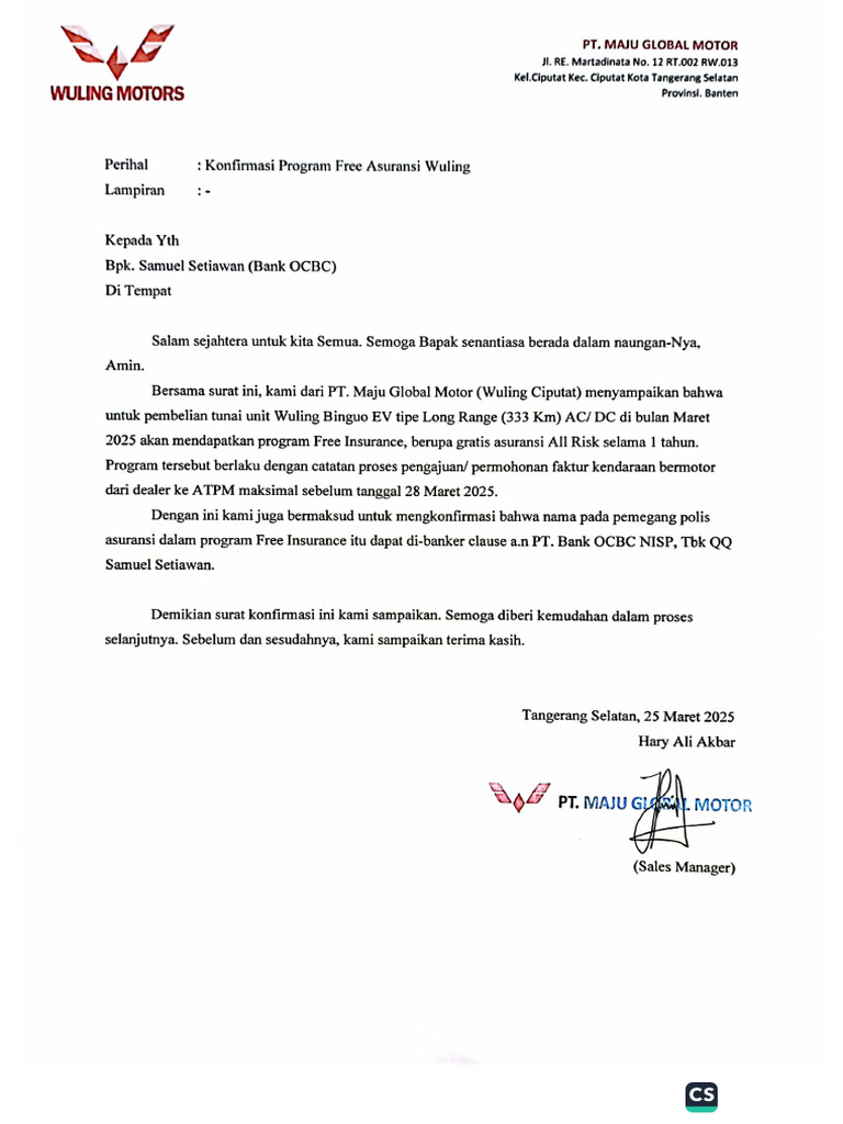 Surat Konfirmasi Asuransi Wuling Binguo EV | PDF