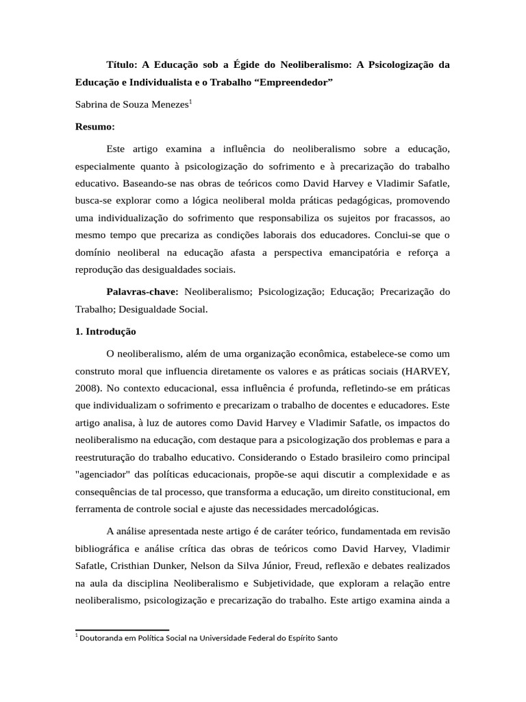 A Educação Sob A Égide Do Neoliberalismo - A Psicologização Da Educação ...