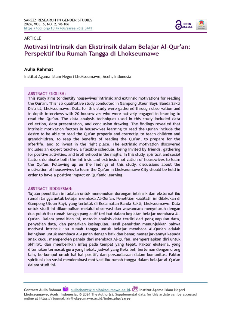 Motivasi Intrinsik Dan Ekstrinsik Dalam Belajar Al-Qur'an: Perspektif ...
