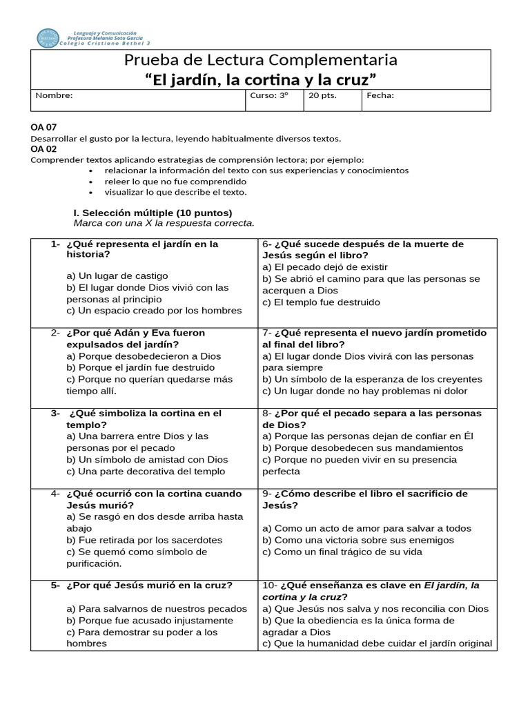 Prueba de Lectura Complementaria | PDF | Jesús | Pecado