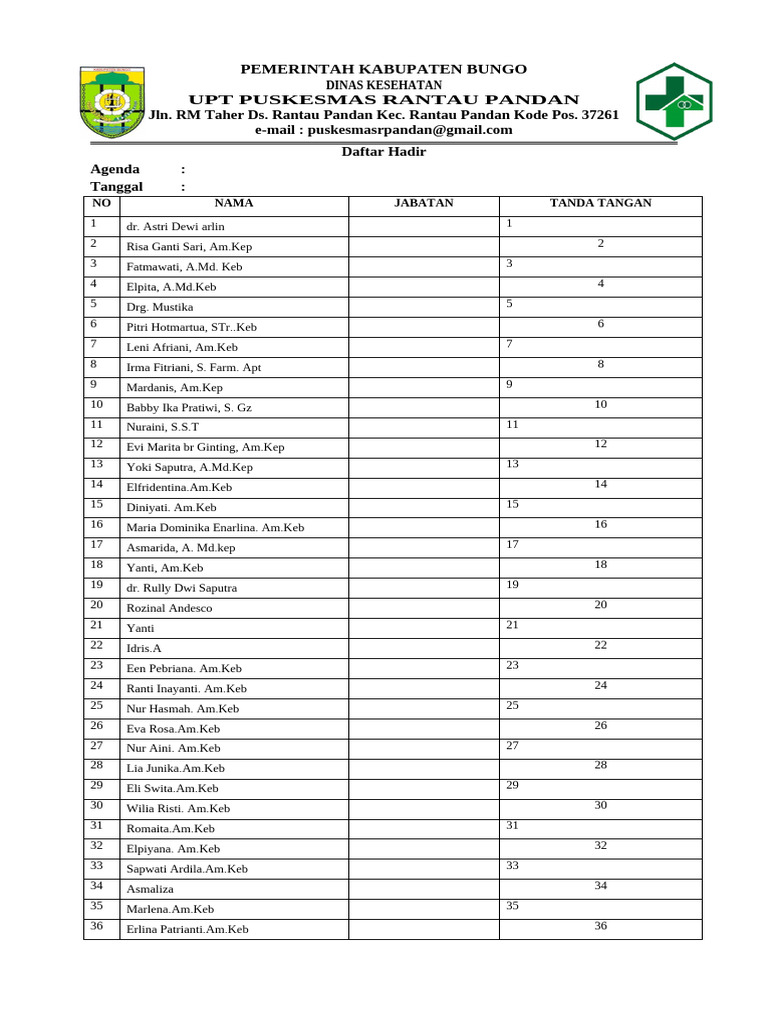 Daftar Hadir Puskesmas Rantau Pandan | PDF