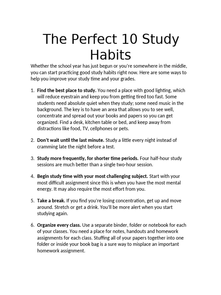 The Perfect 10 Study Habits | PDF | Learning