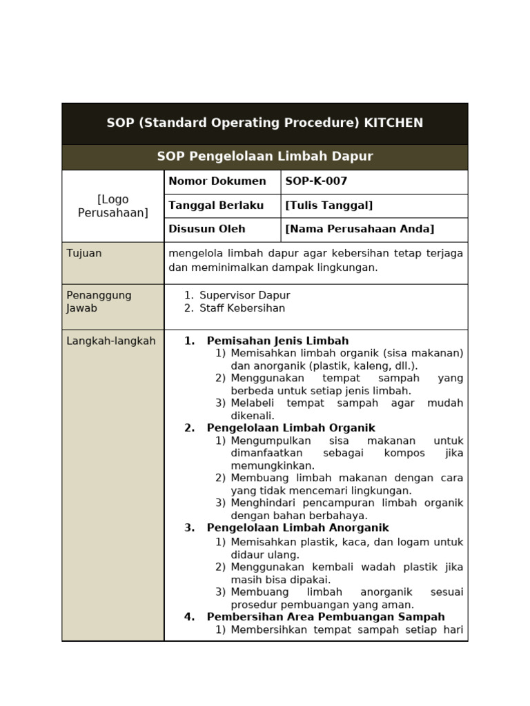 SOP Pengelolaan Limbah Dapur | PDF