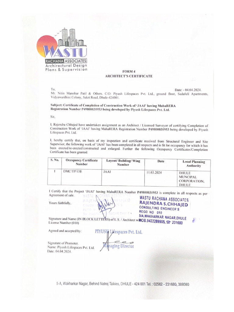 2 Architect's Certificate On Completion of Project (Form 4) | PDF
