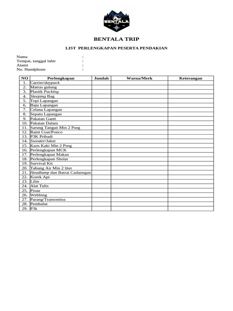 List Perlengkapan Pendakian Bentala Trip | PDF