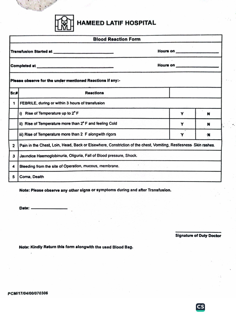 Blood Reaction Form | PDF