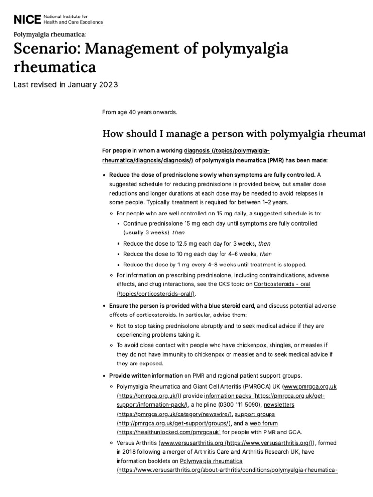 Management - Polymyalgia Rheumatica - CKS - NICE | PDF | Osteoporosis | Medical Specialties