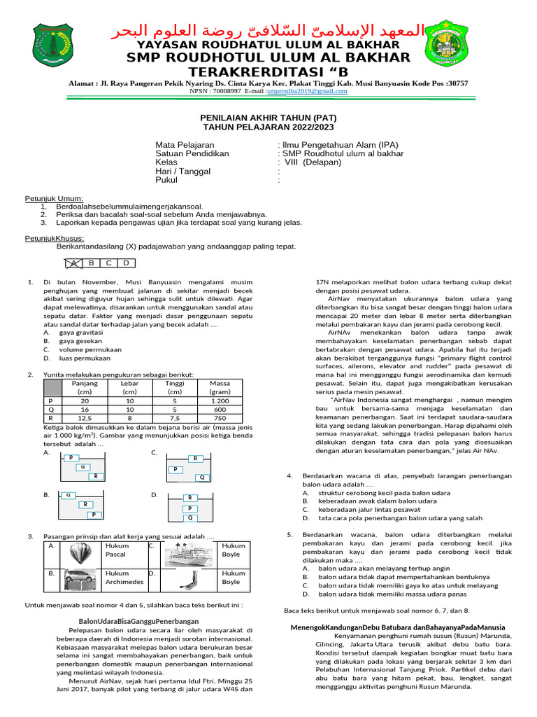 Lembar Soal PAT IPA Kelas 8 Genap 2022 | PDF