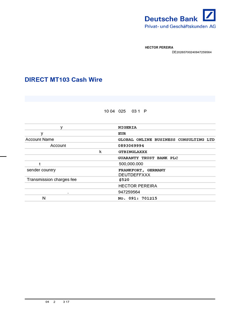 DIRECT MT103 Cash Wire: Transfer | PDF