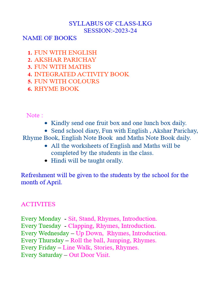 LKG Class Syllabus 2023-24 | PDF