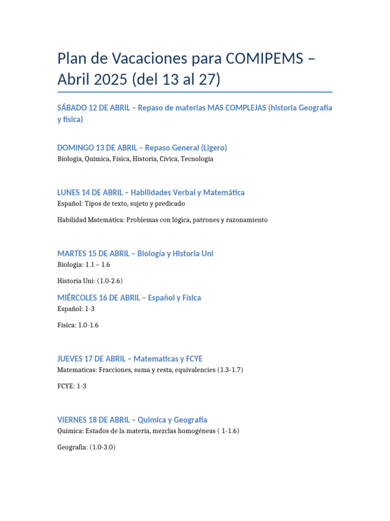 Plan Vacaciones COMIPEMS 2025 | PDF