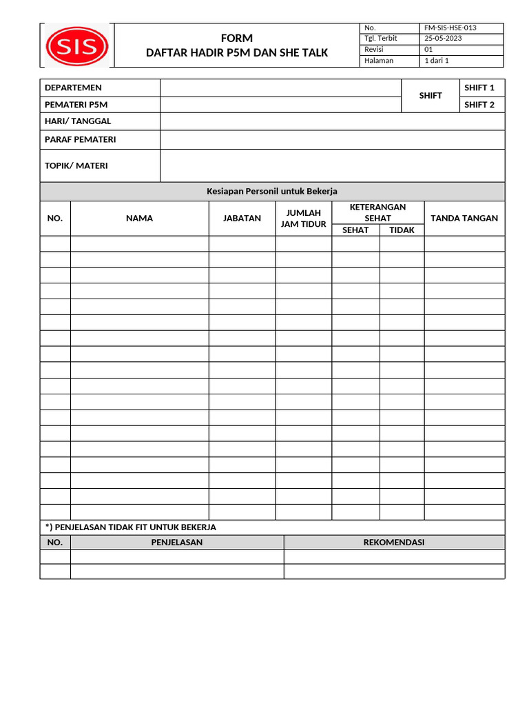 FM-SIS-HSE-017_Daftar Hadir P5M dan SHE Talk | PDF