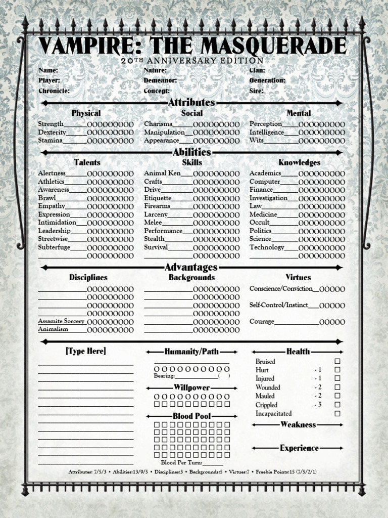Vampire: The Masquerade Character Sheet | PDF | Gaming | Storytelling