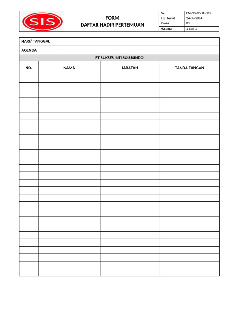 FM-SIS-HSE-005 - Daftar Hadir Pertemuan | PDF