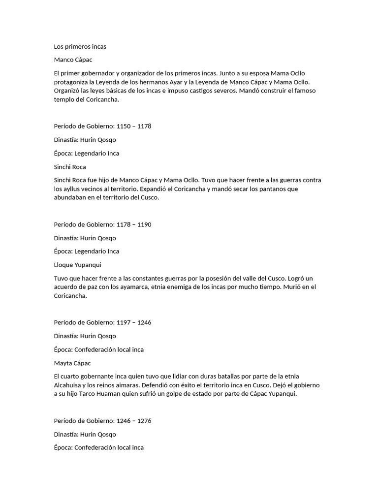 Primeros Incas y sus Gobernantes | PDF | Imperio Inca