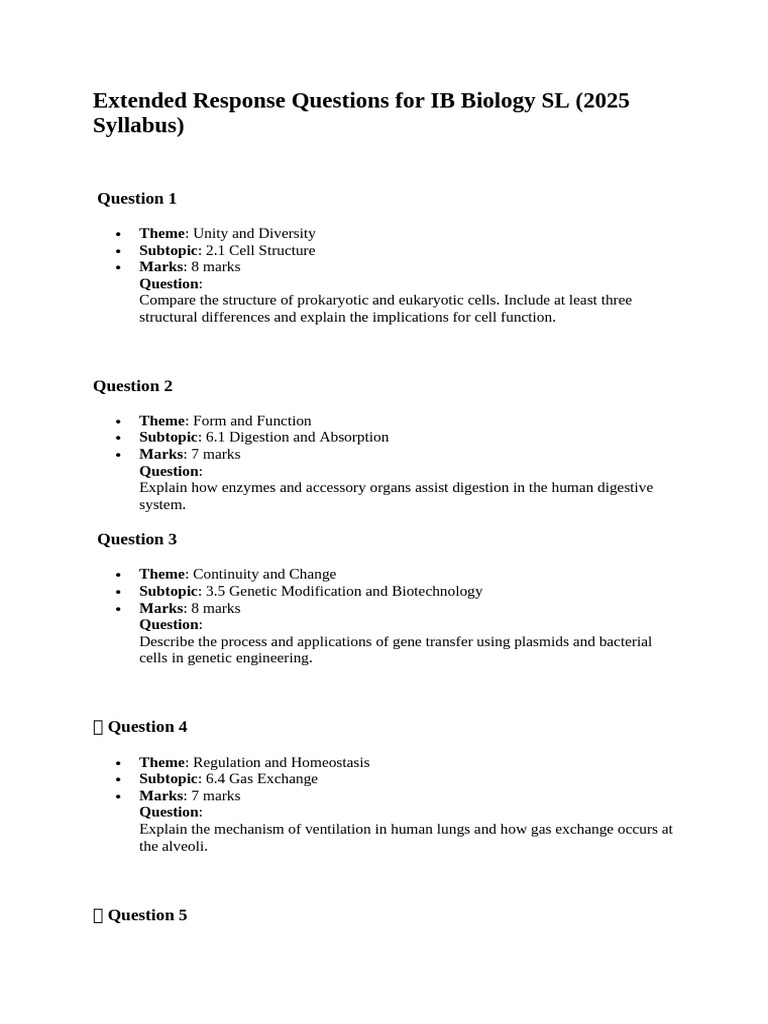 IB Biology Extended Response Questions | PDF | Cell (Biology) | Prokaryote