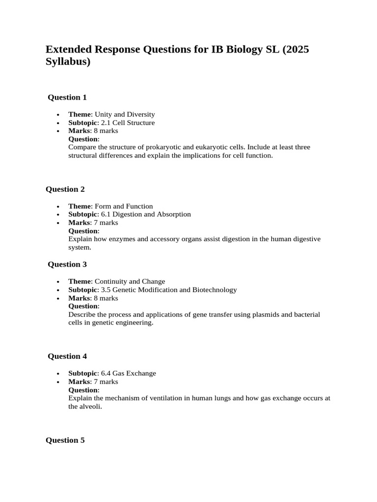 IB Biology SL Extended Response Questions | PDF