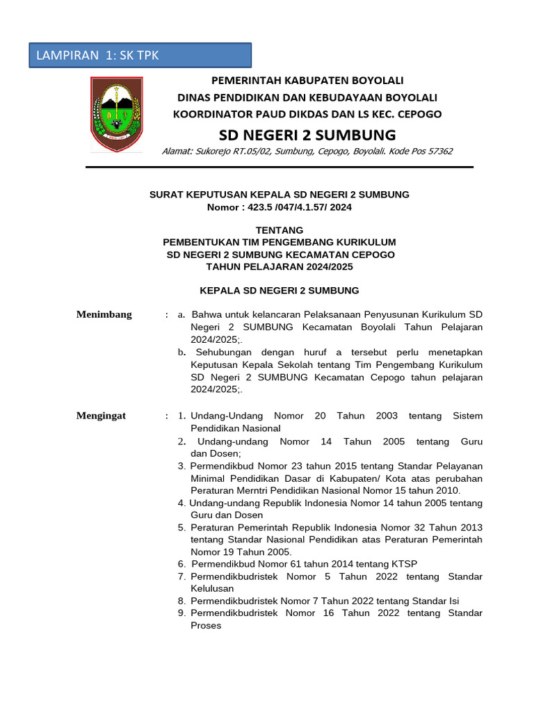 Tim Pengembang Kurikulum SD Sumbung 2024 | PDF