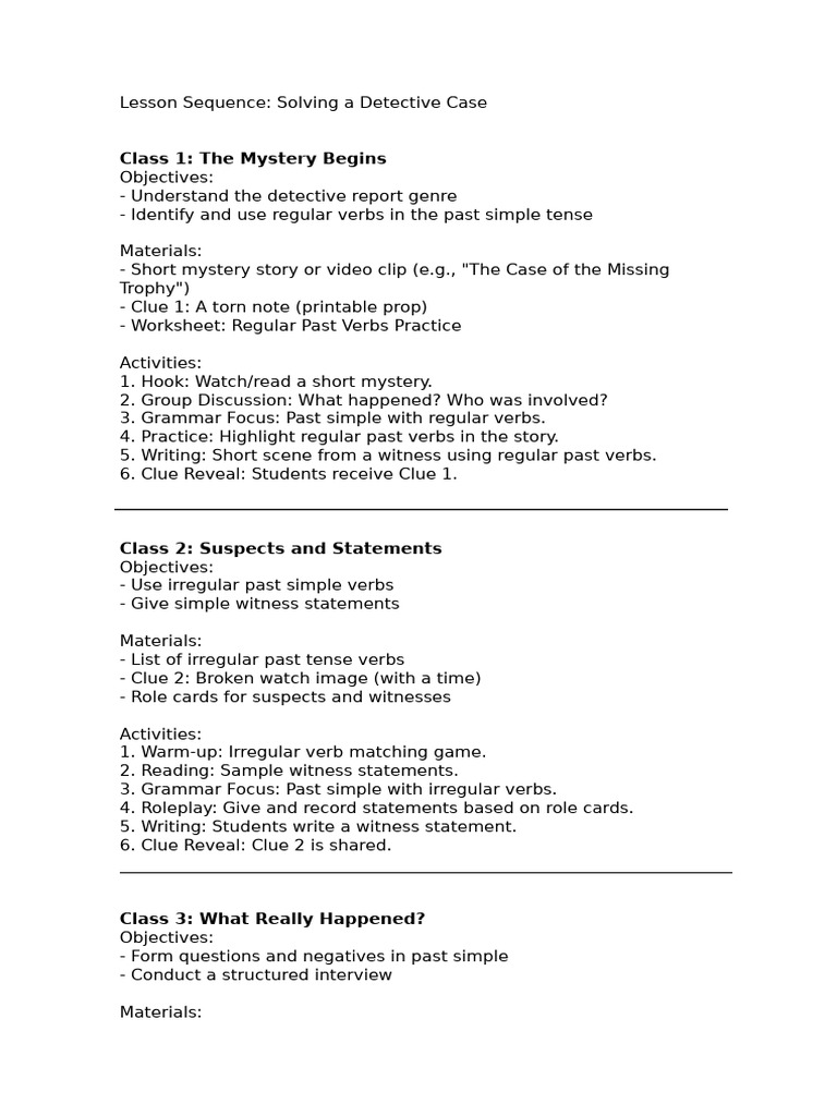 Detective Case Lesson Plan | PDF | Detective | Verb