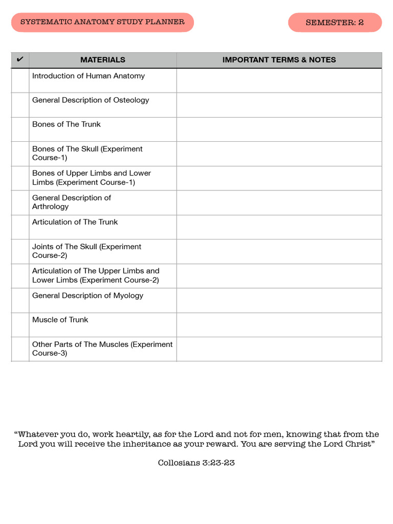 1. Systematic Anatomy Study Planner | PDF