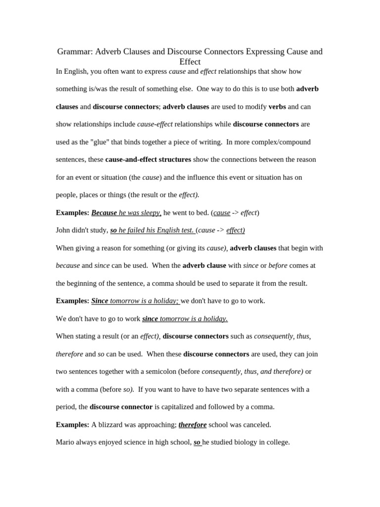 Grammar Explanation & Worksheet - Adverb Clauses, Discourse Connectors ...
