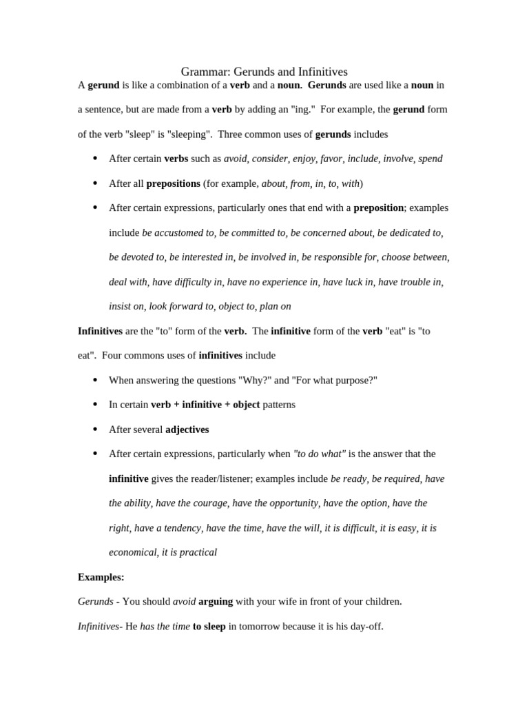 Grammar Explanation & Worksheet - Gerunds and Infinitives Week 61 | PDF ...