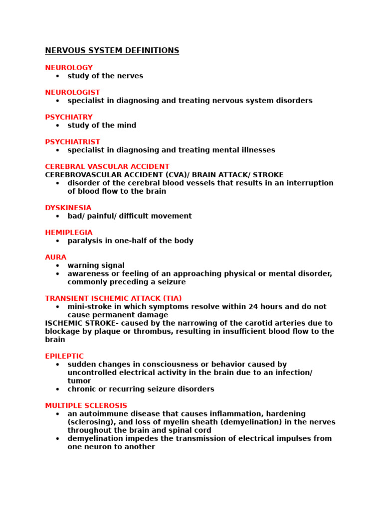 Nervous System Definitions | PDF | Stroke | Nerve